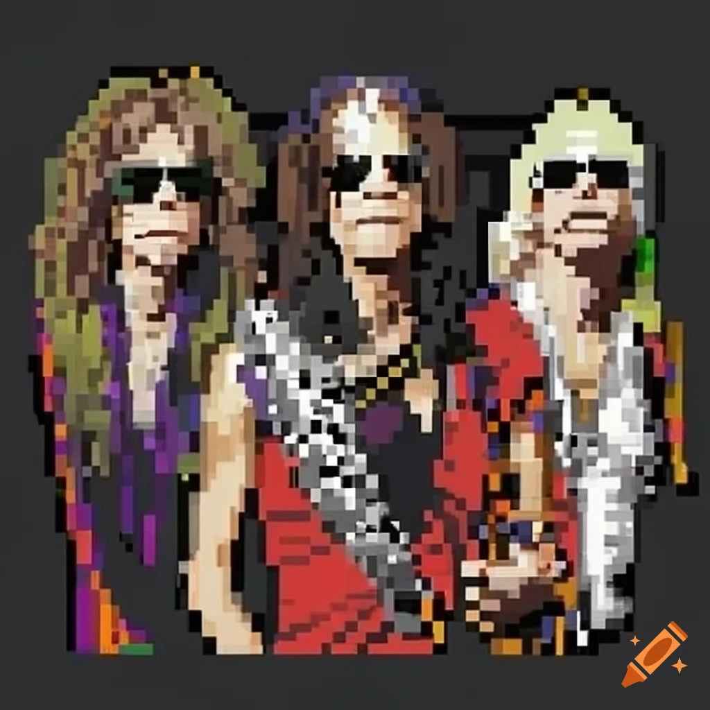 Pixel art illustration of iconic rock band aerosmith on Craiyon