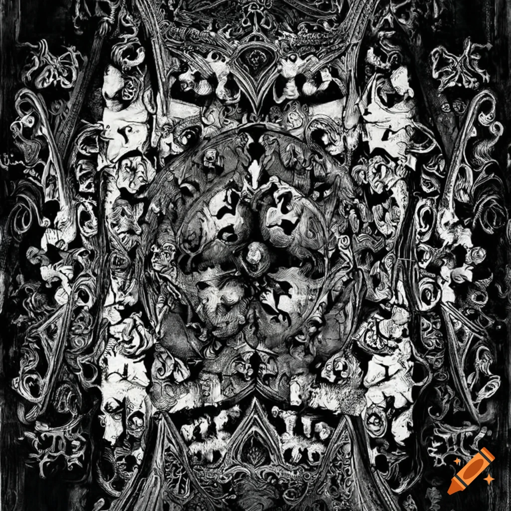 Complex surrealist gothic art with symbolic designs on Craiyon