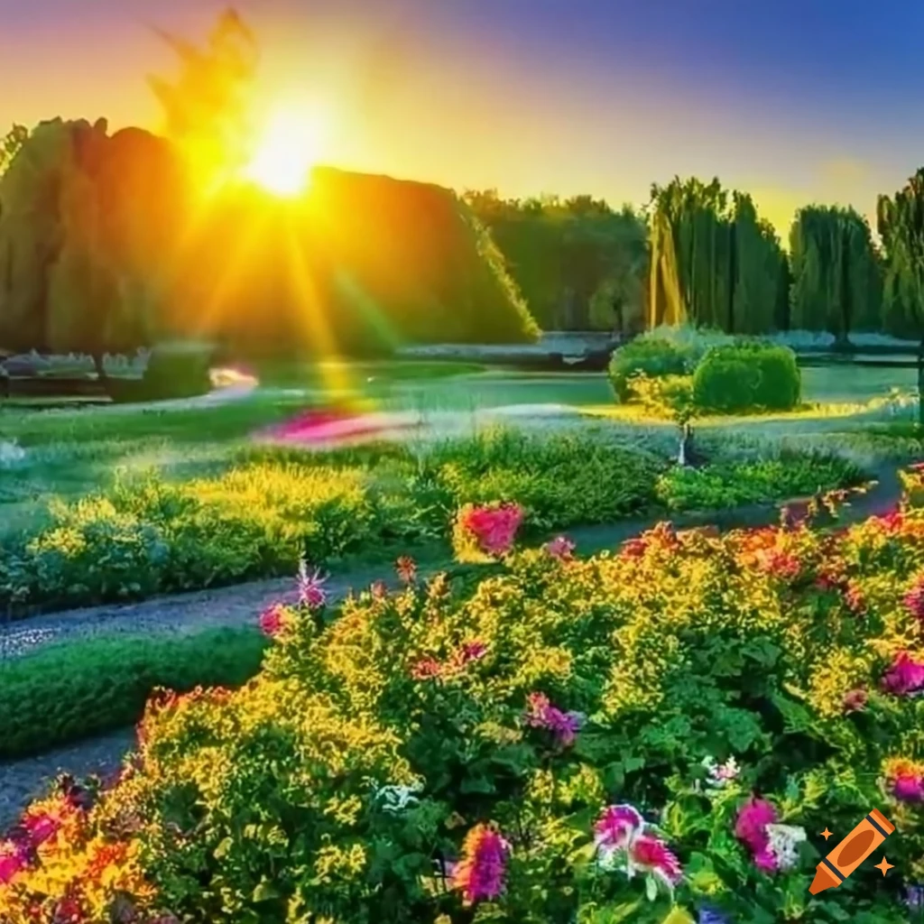Park with flowers and trees in the sunset on Craiyon