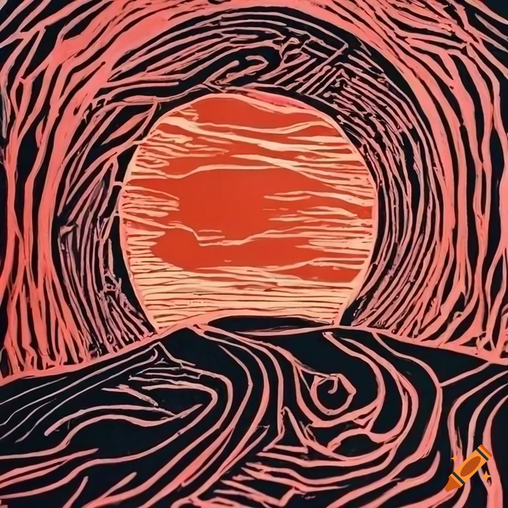 Non-realistic sunset lino print with surreal abstract atmosphere inspired by dune on Craiyon