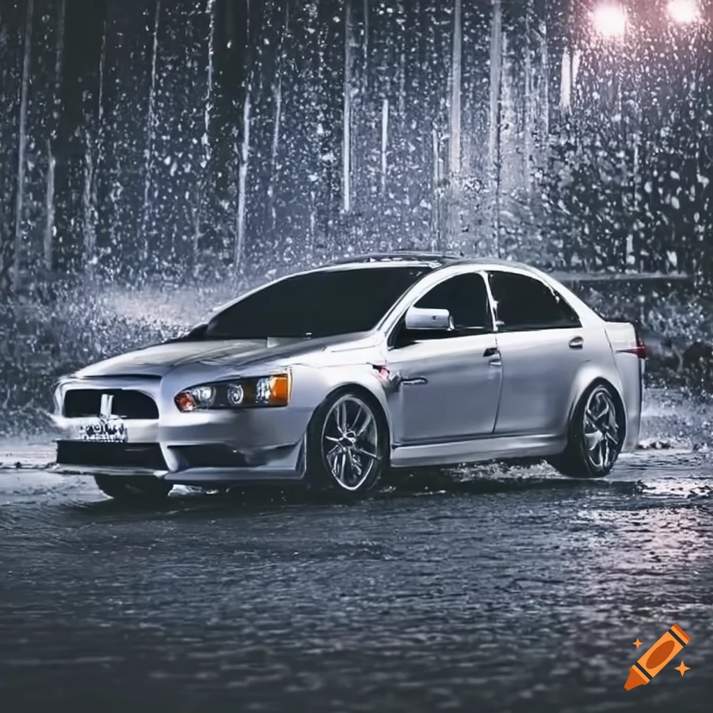 Silver Lancer GTS parked elegantly in a night rain on Craiyon