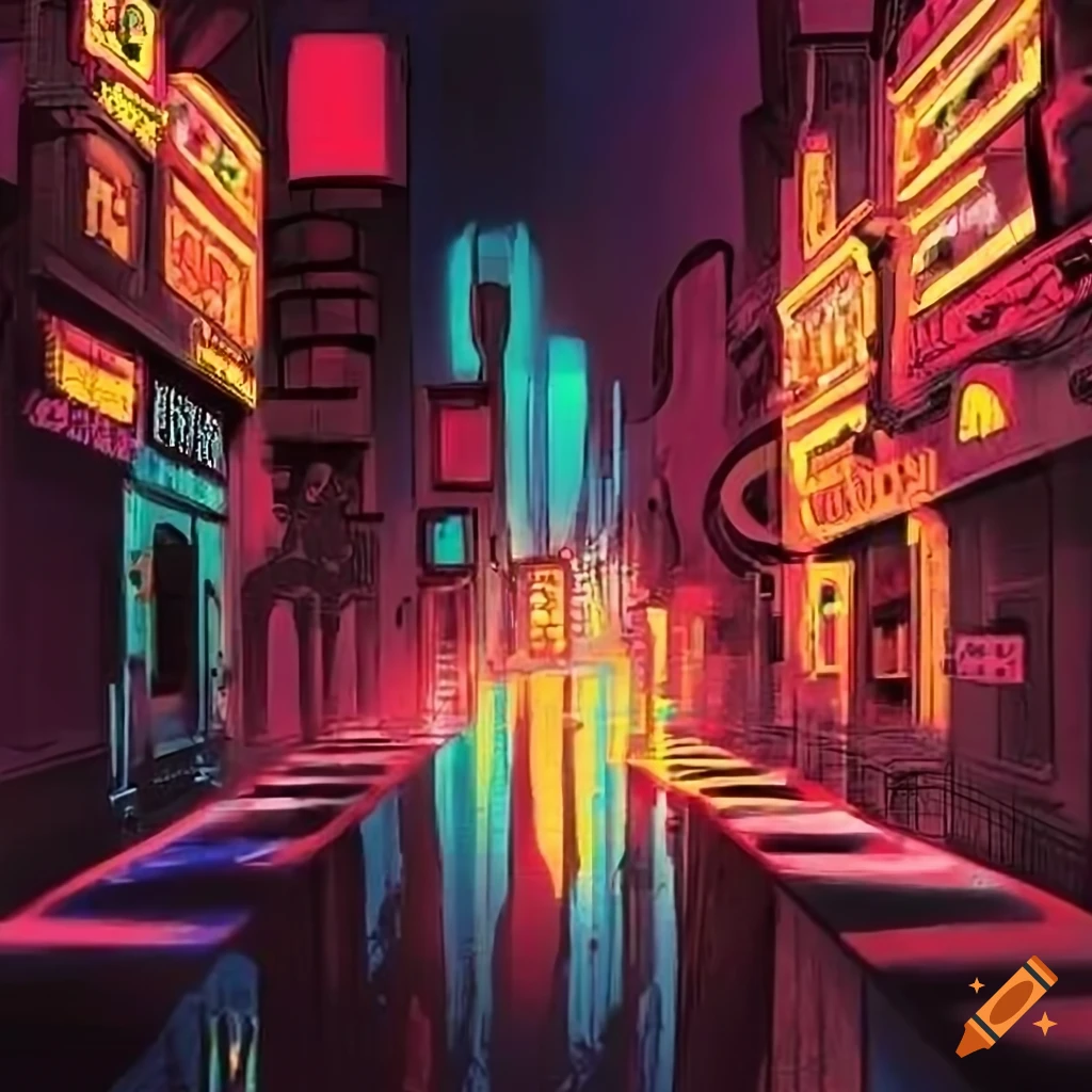 Futuristic street with neon signs in a fictional language on Craiyon