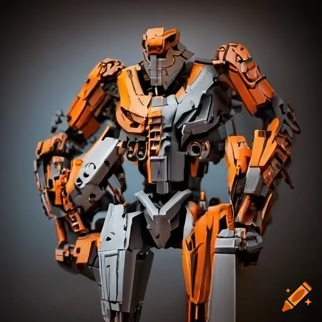 Intricately detailed mecha sculpture with grey and orange accents on ...