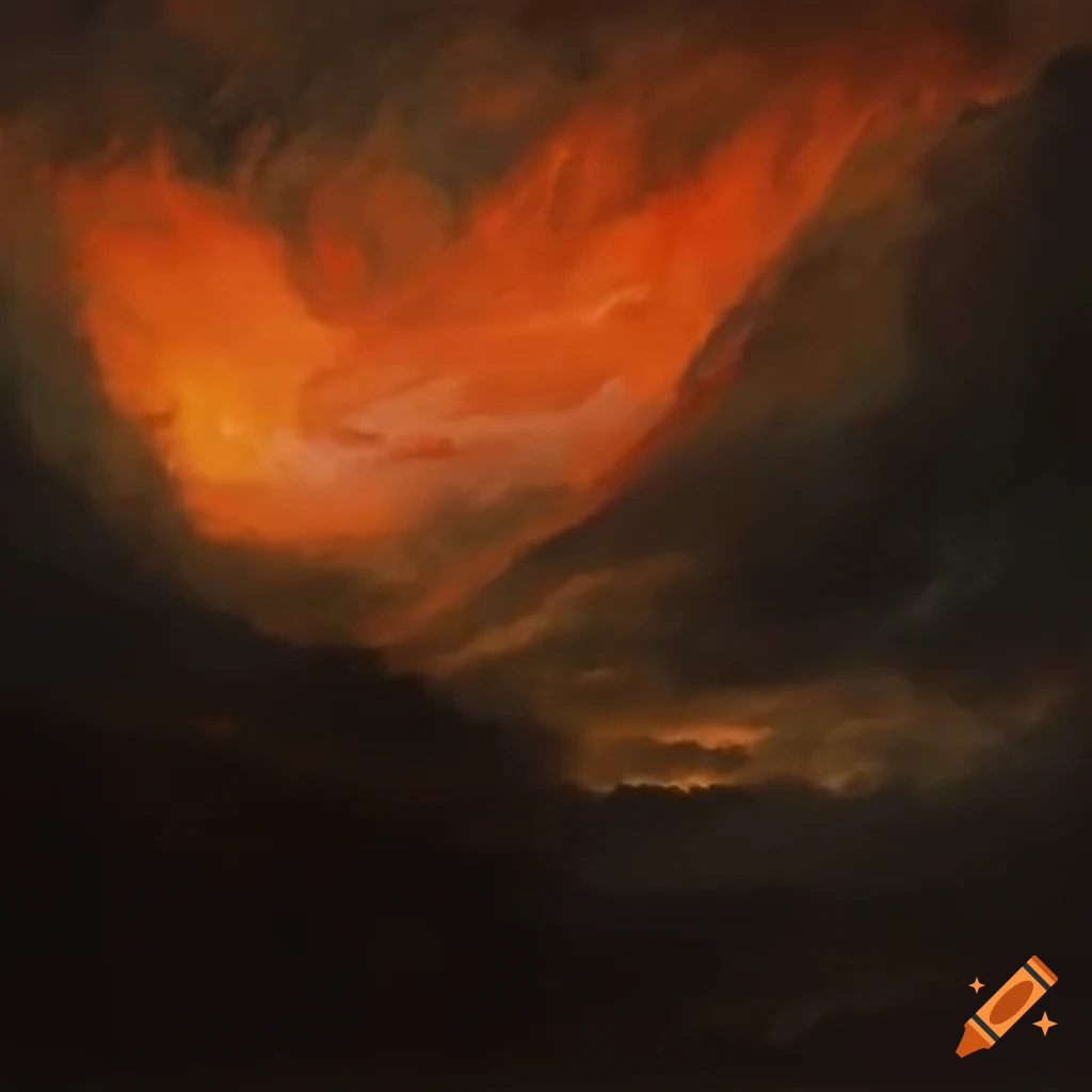 Oil painting of ashen landscape with fire and winged creatures in the ...