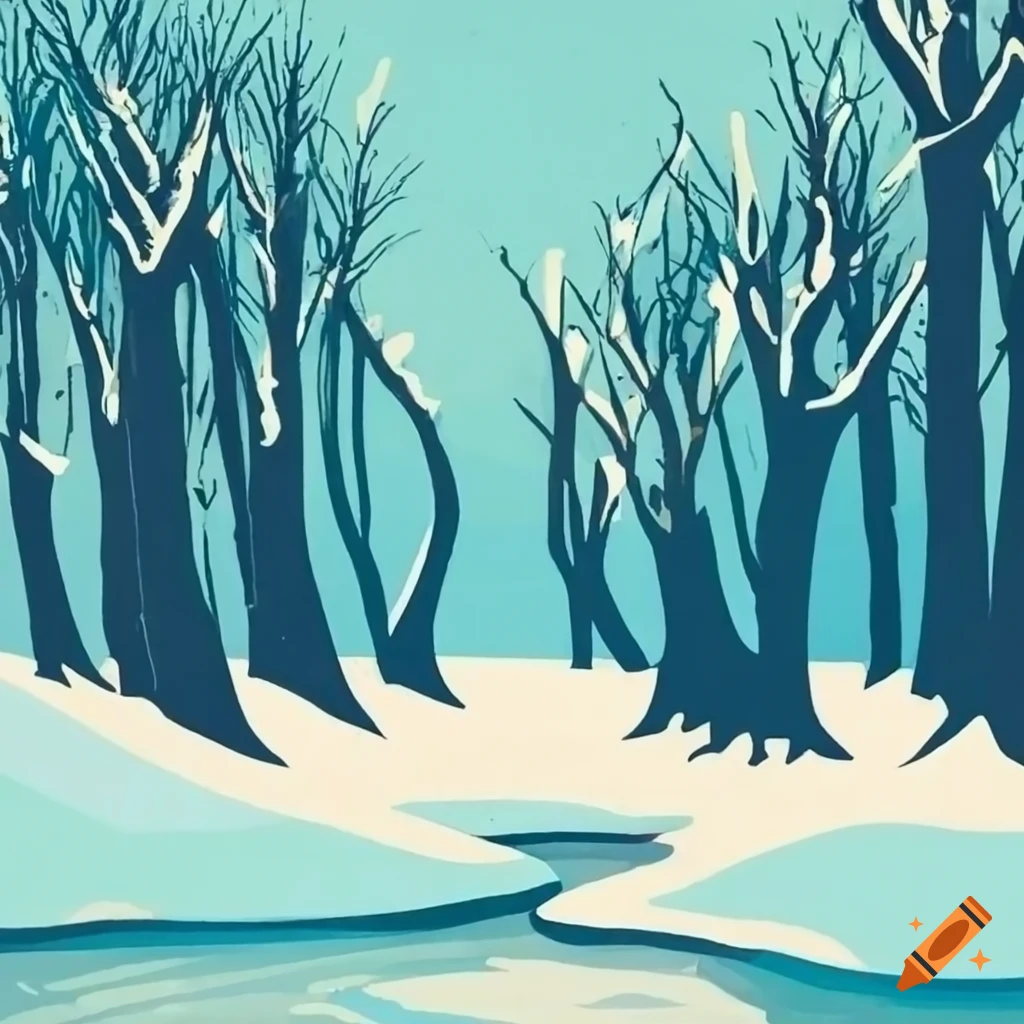 Minimal woodcut of winter scene with river and trees on Craiyon