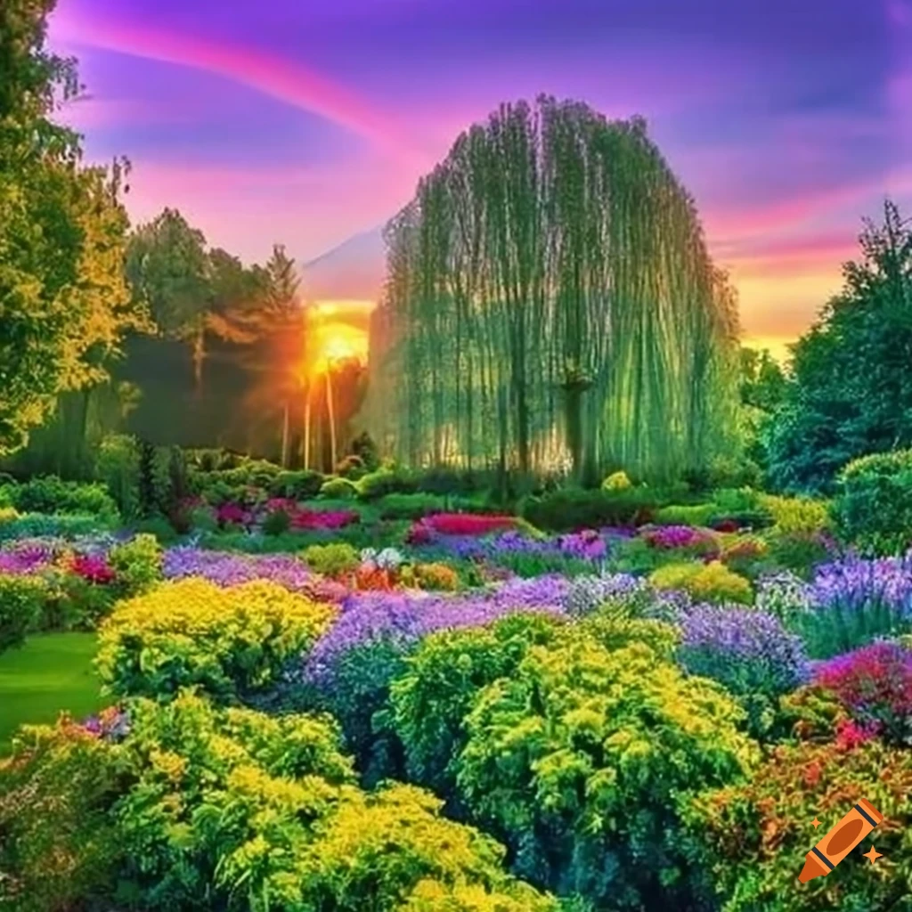 Beautiful garden with flowers, trees, and pathways during sunset on Craiyon