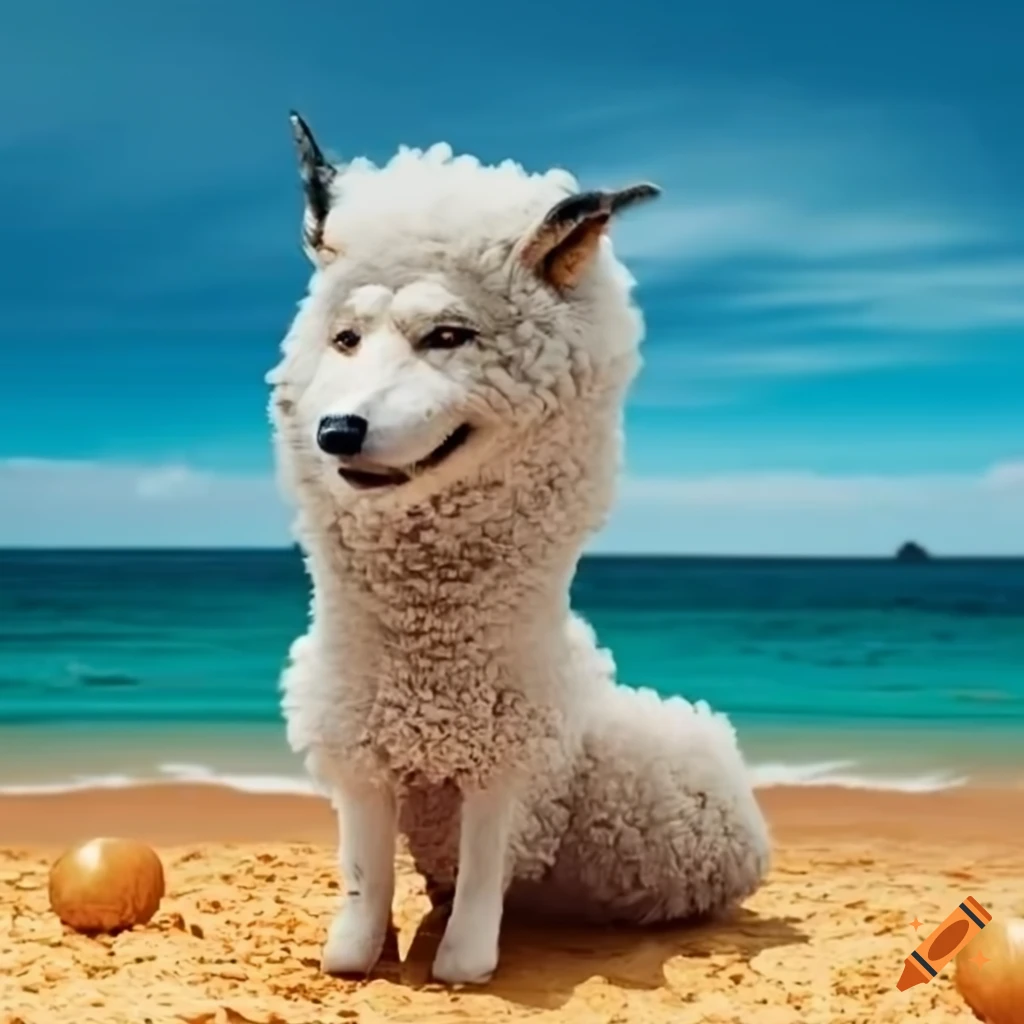Wolf disguised as sheep with a beach in the background on Craiyon