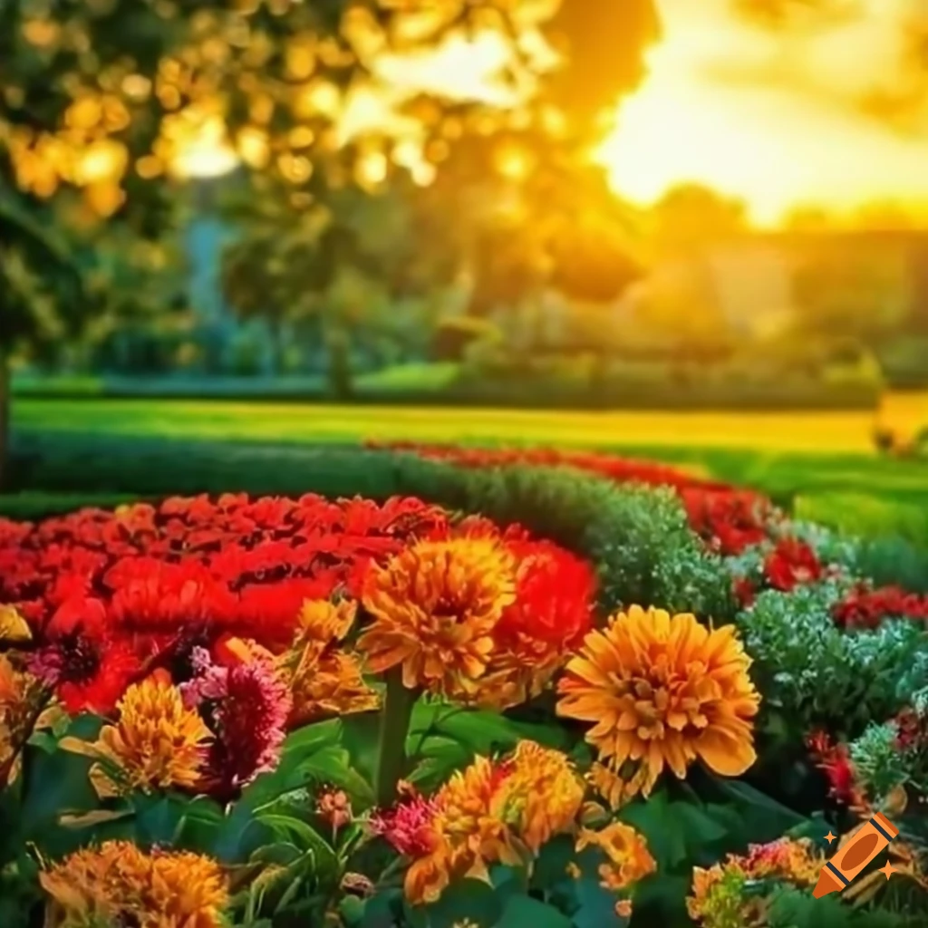 Beautiful garden with flowers, trees, and pathways during sunset on Craiyon
