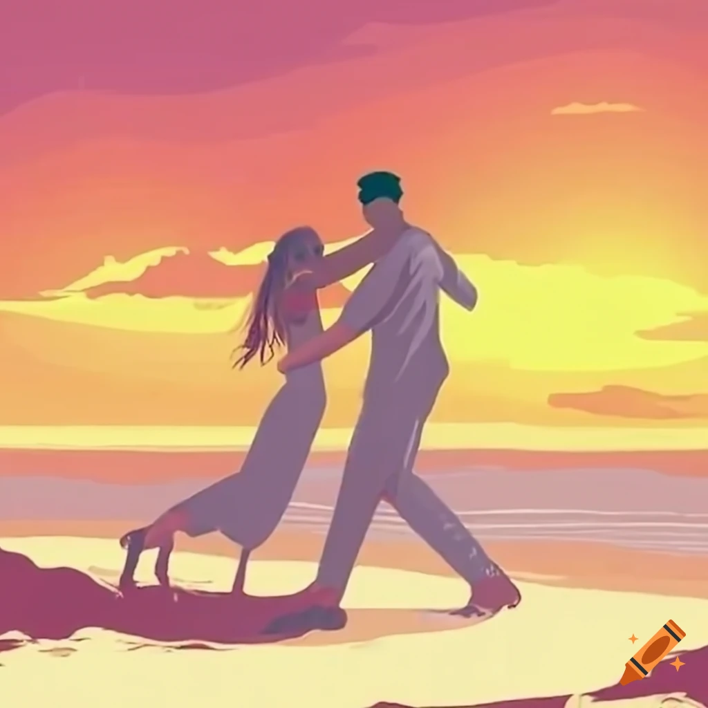 Woman and man dancing on the beach during a war on Craiyon