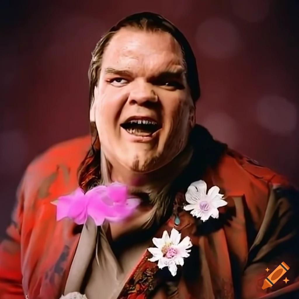 Singer Meatloaf dressed as a wrestler with flowers in the WWE on Craiyon