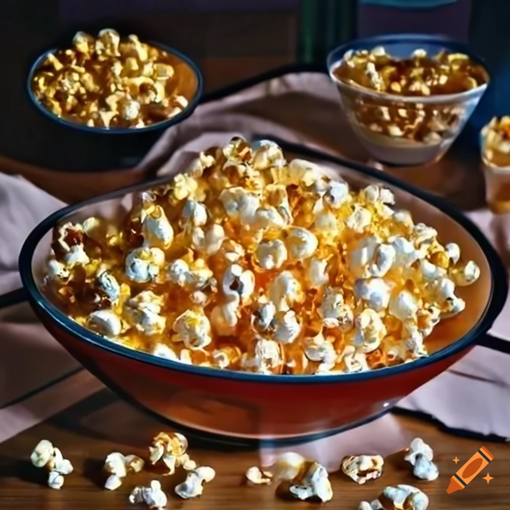Close-up of freshly popped golden popcorn in a transparent bowl on Craiyon