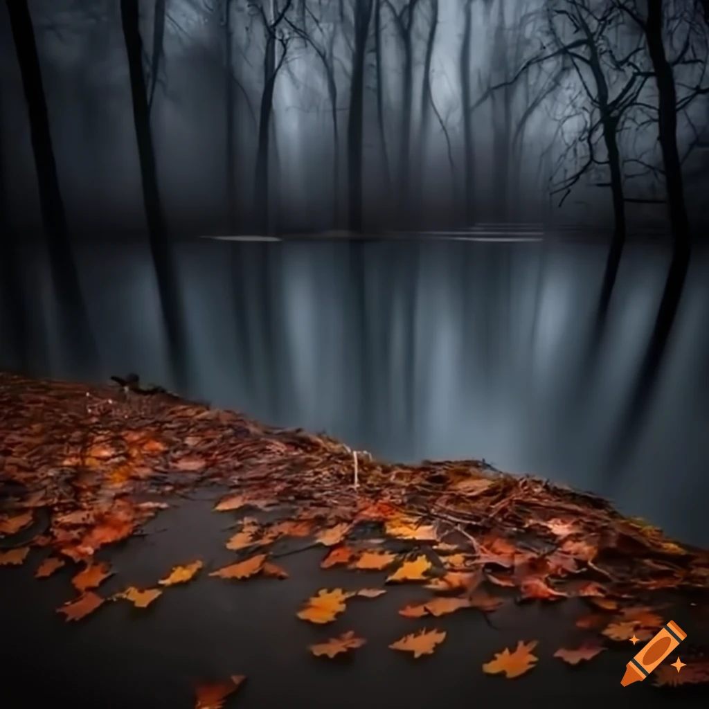 Autumn foliage frame with glimpses of an ominous lake on Craiyon
