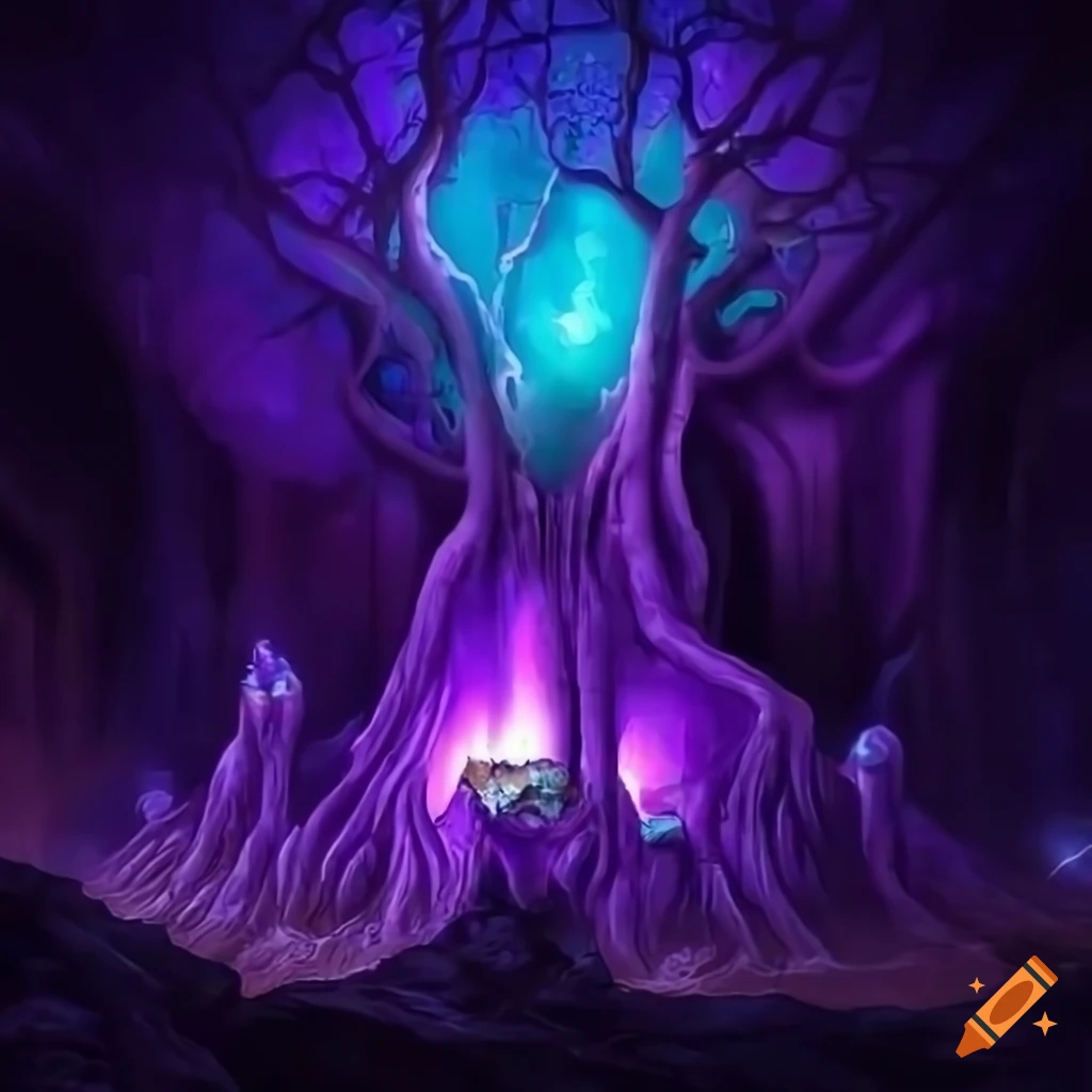 Massive cavern with luminous purple magic crystal and tree roots on Craiyon