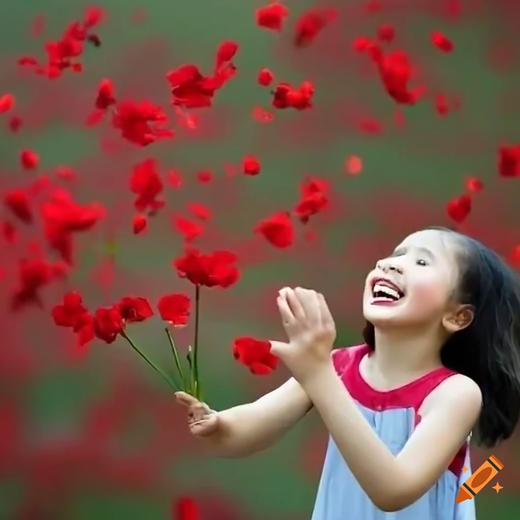 Girl joyfully tossing red flowers in the air on Craiyon