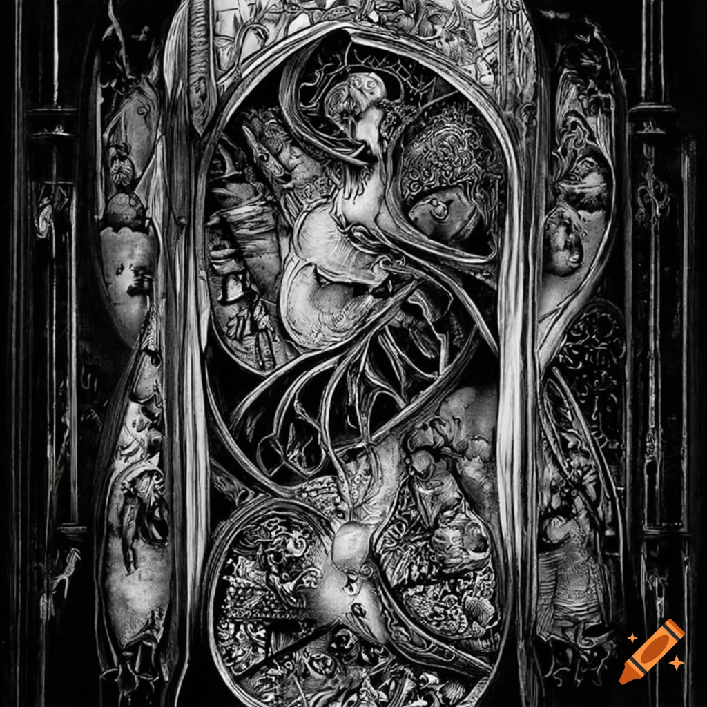 Complex surrealist gothic art with symbolic designs on Craiyon