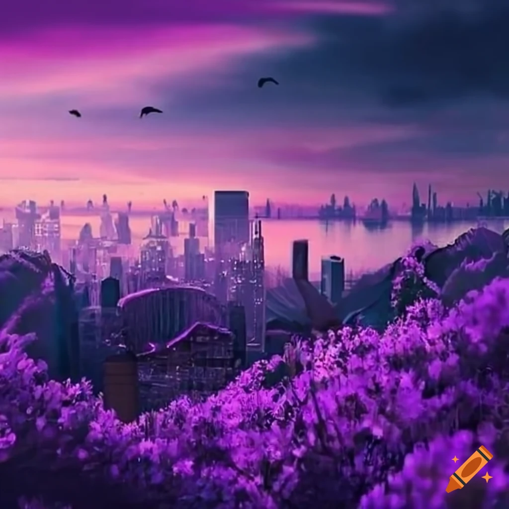 Ecological city with purple flowers in a utopian setting on Craiyon