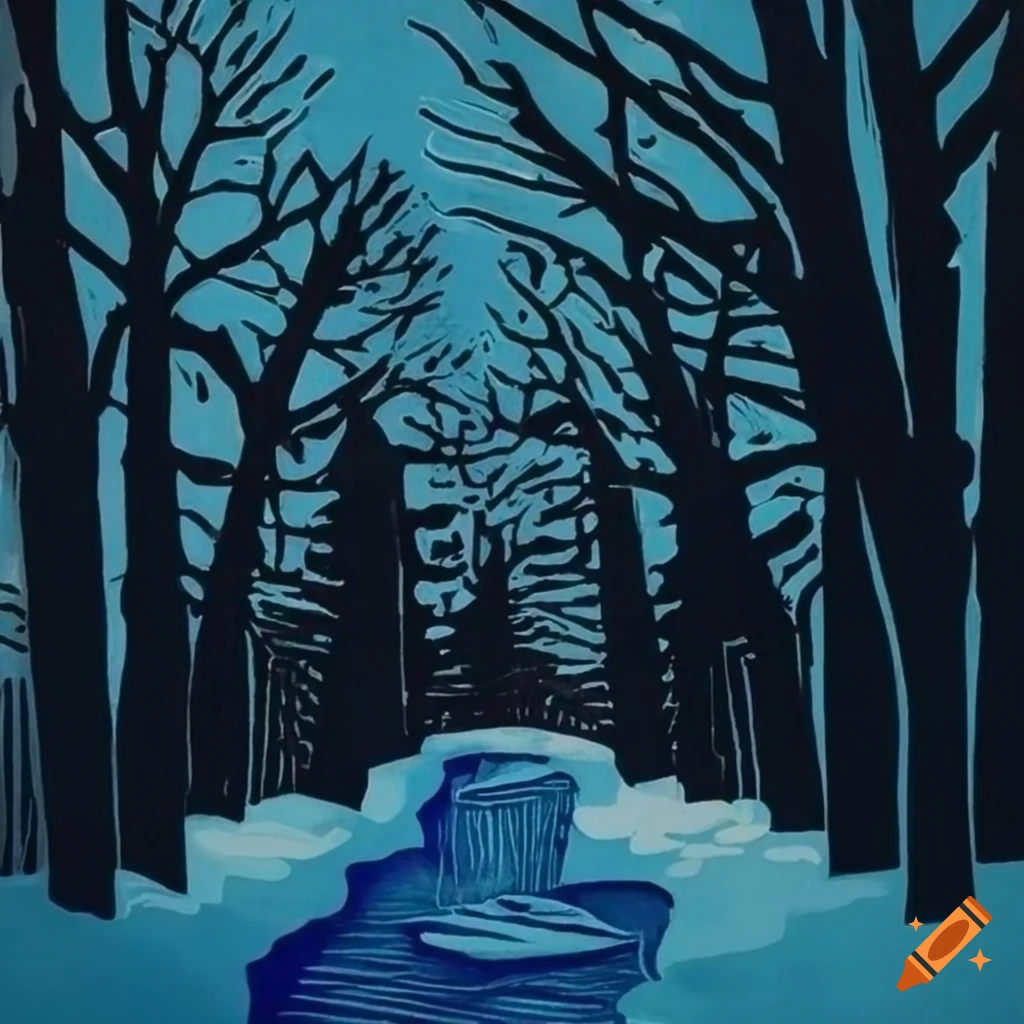 Matisse-inspired minimal linocut of trees by a river in winter on Craiyon