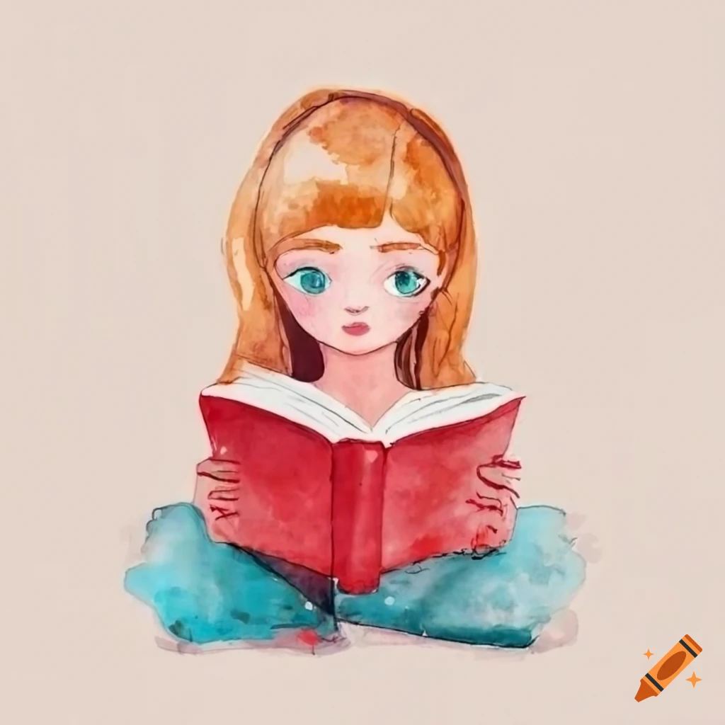 Girl reading books in a watercolor illustration on Craiyon