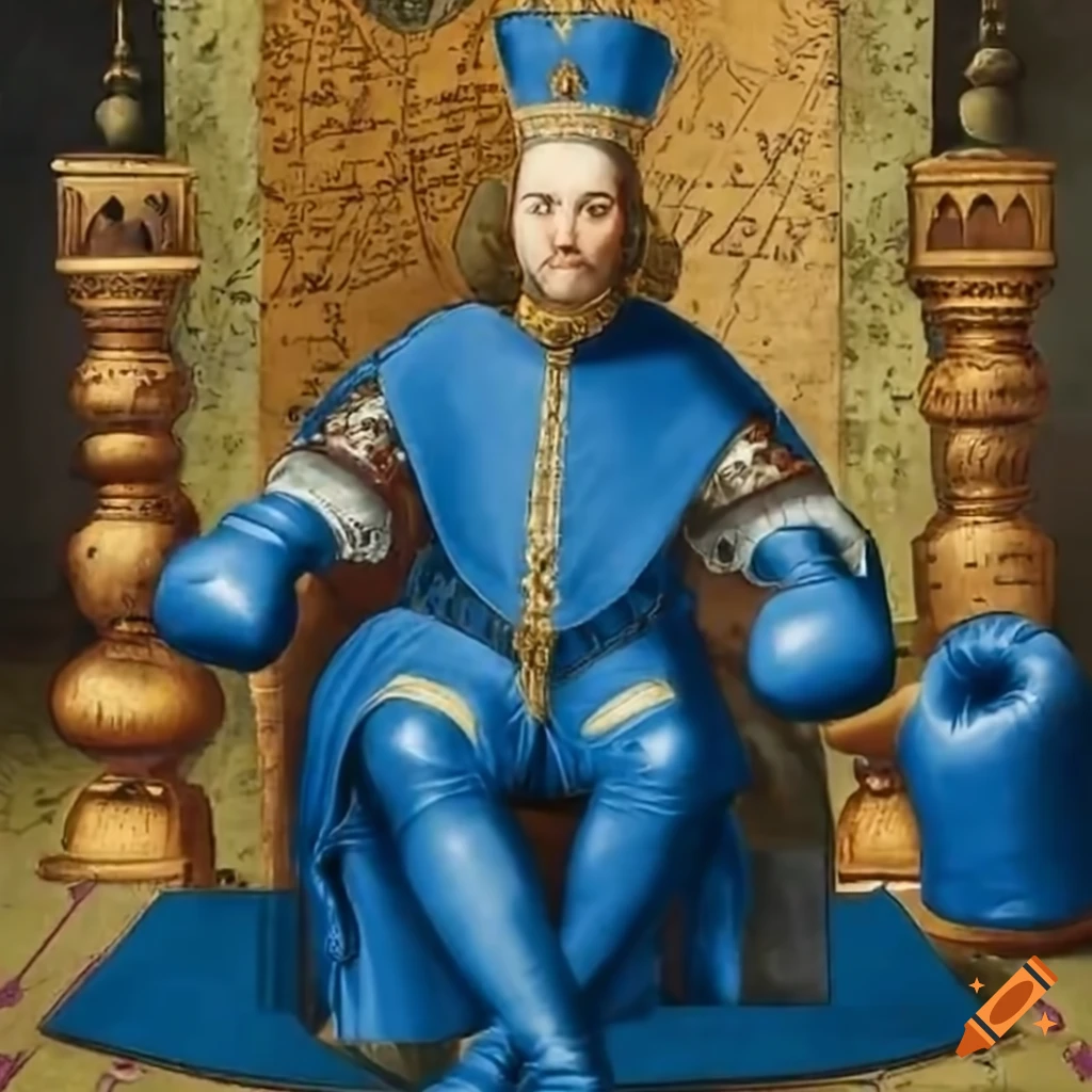 King in blue boxing outfit ruling over map of Tuscany on a throne on ...