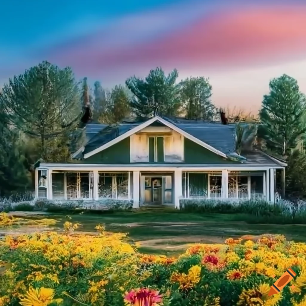 Californian Ranch-style farmhouse surrounded by lush garden of trees ...