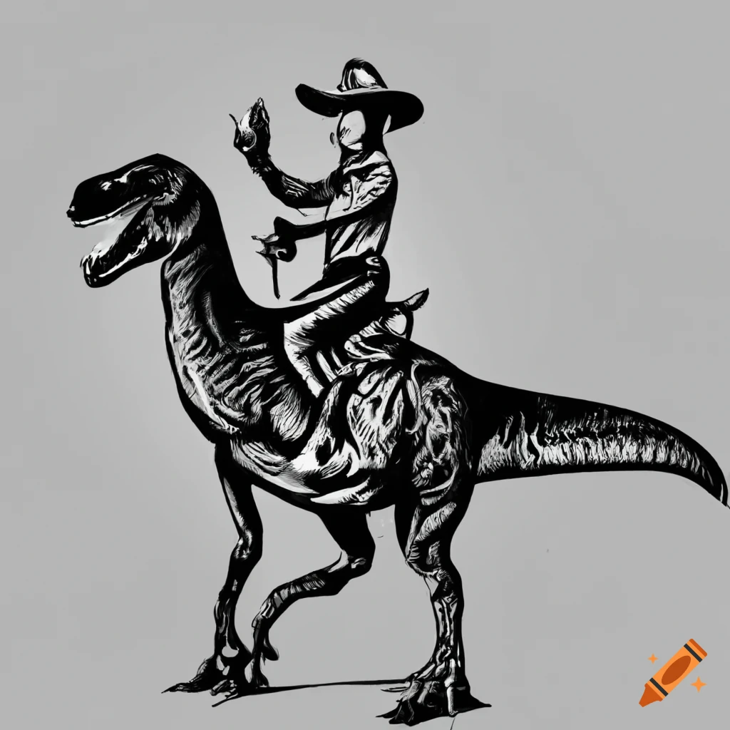 Cowboy riding a velociraptor into the sunset on Craiyon