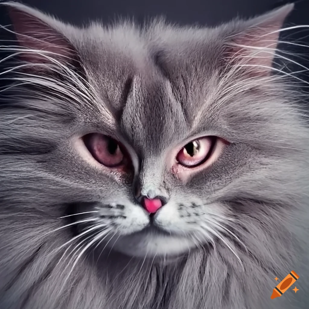 Longhaired grey cat with pink eyes and white chest patch on Craiyon