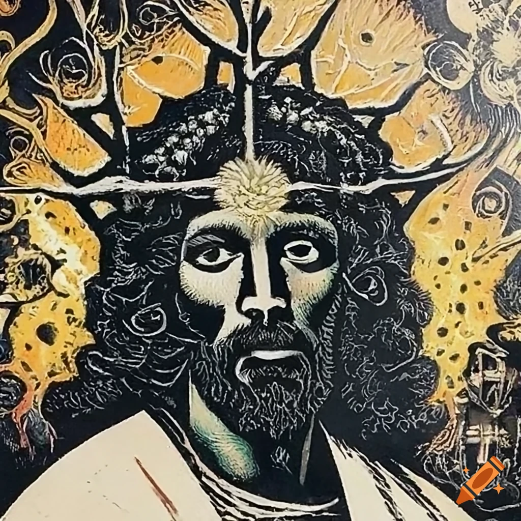 Intricate portrait of black jesus wearing a crown of thorns in a ...