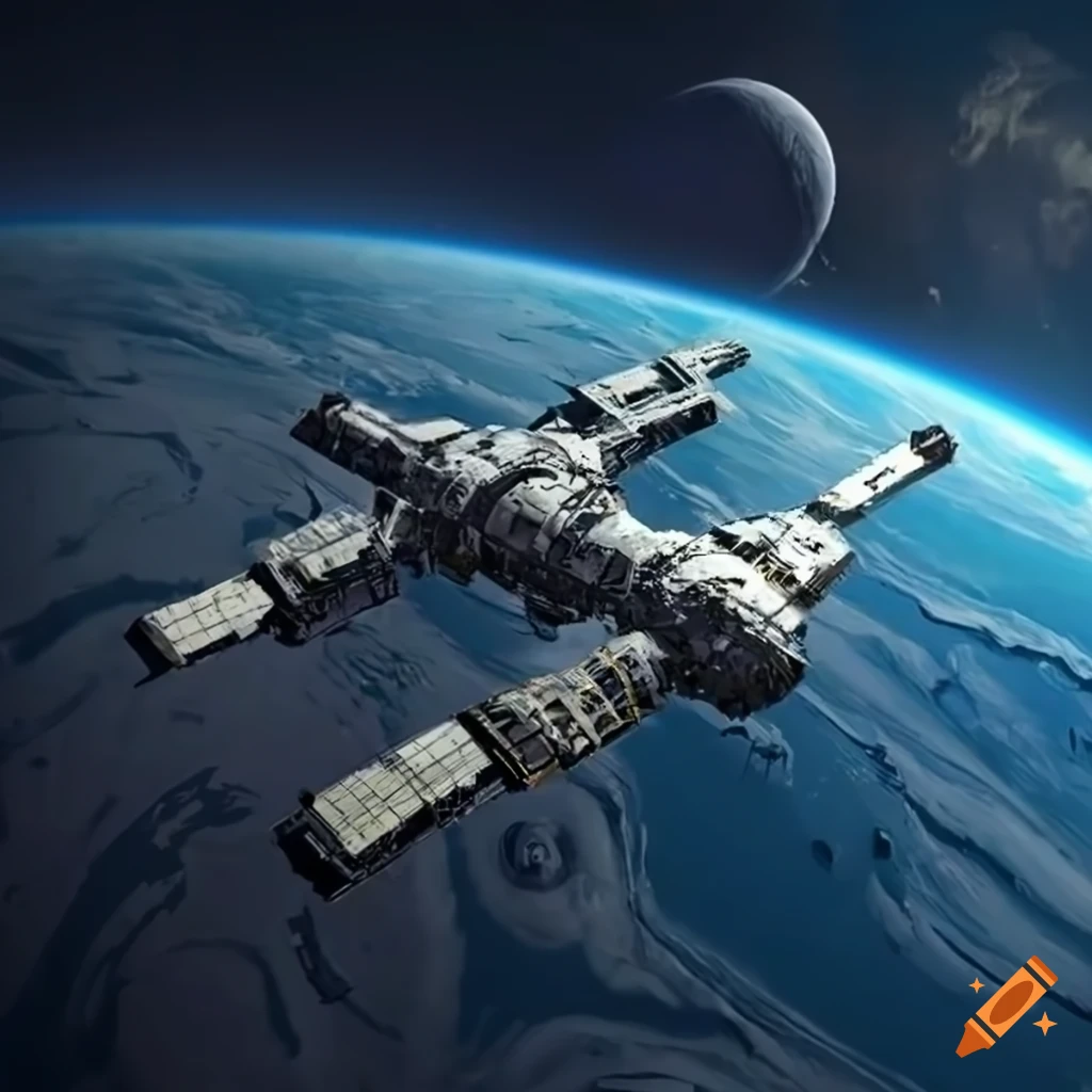 Space ship docking at a sci-fi space station next to a planet on Craiyon