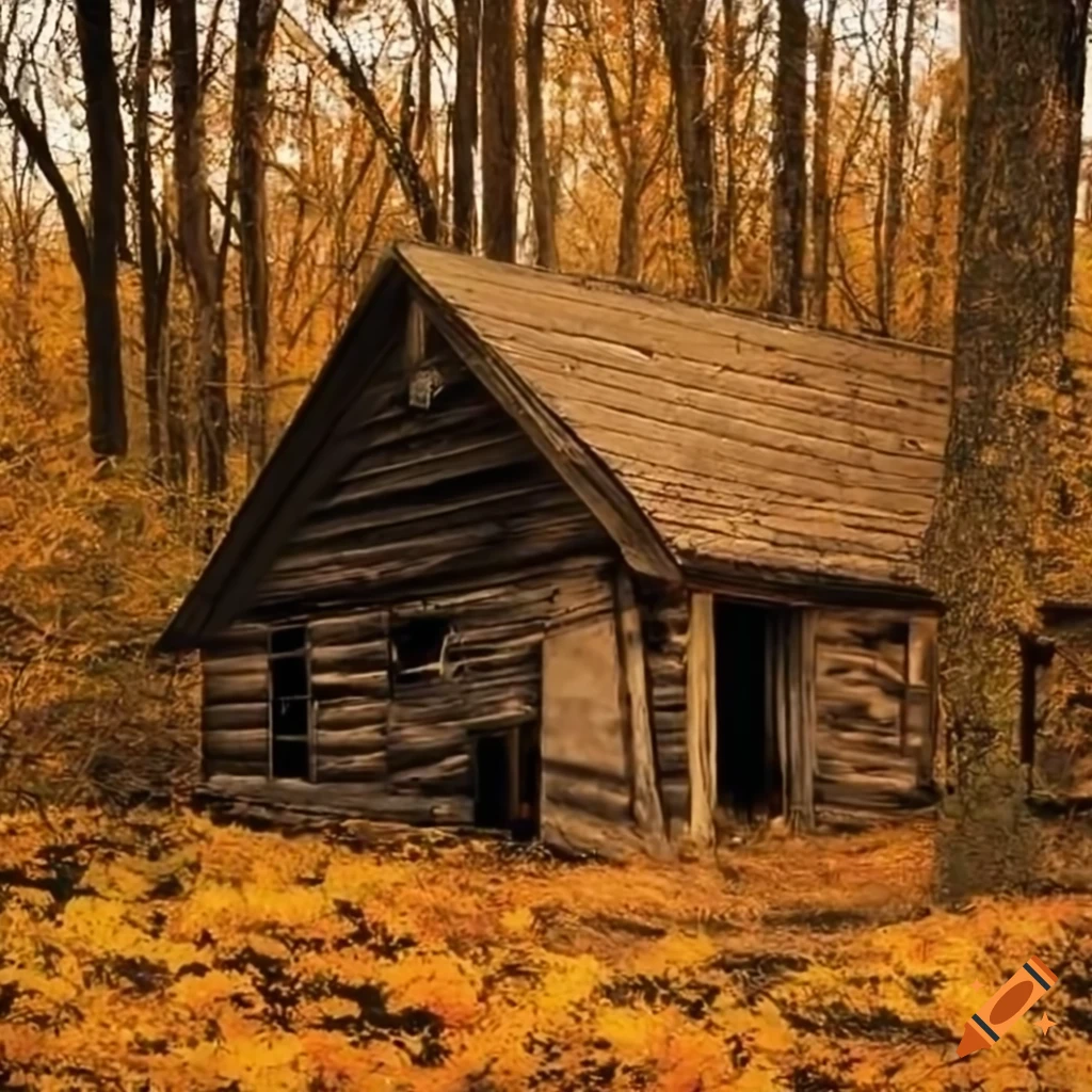 Abandoned cabin in autumn forest with sunlight filtering through trees ...
