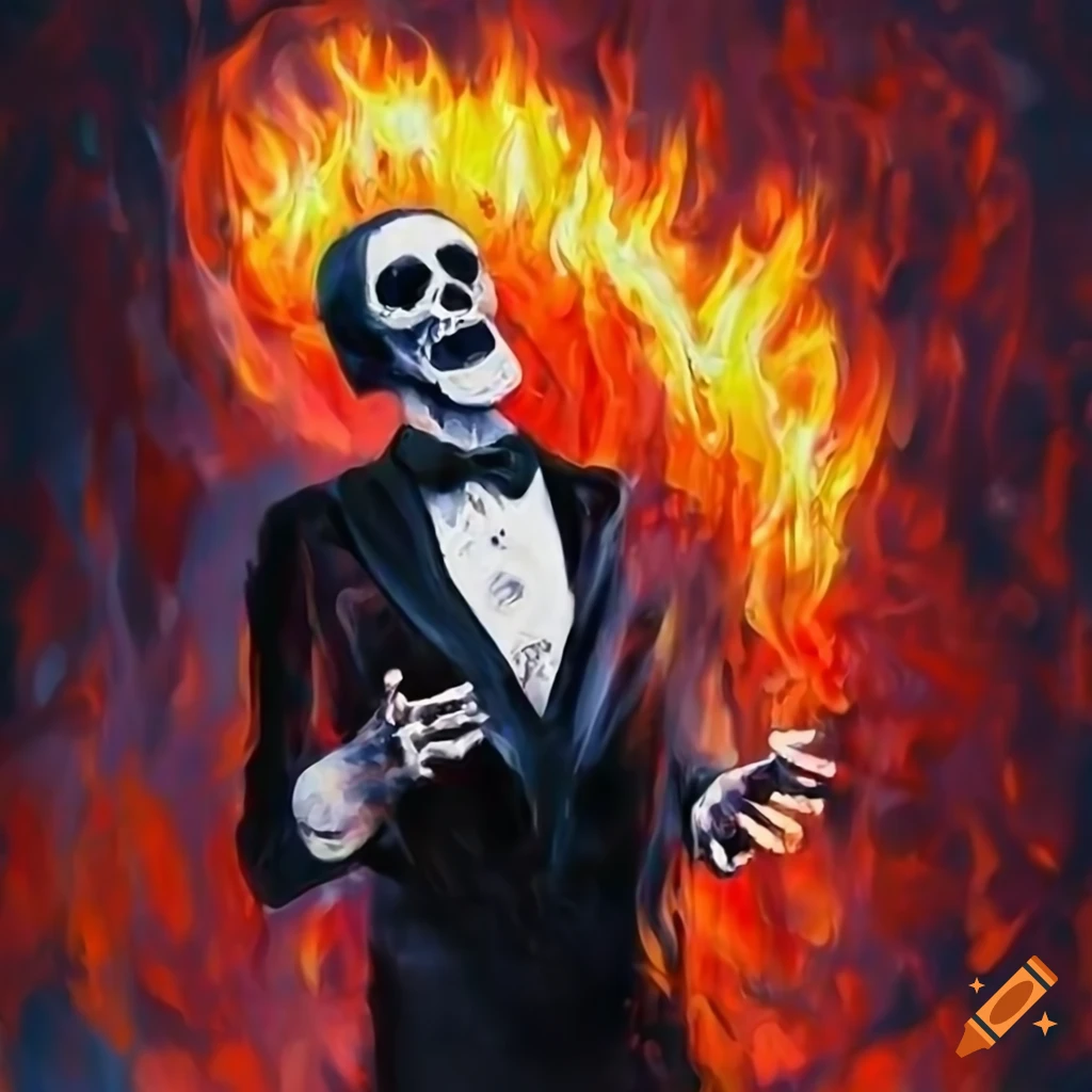 Singing skeleton in tuxedo with fire-style background knife painting on ...