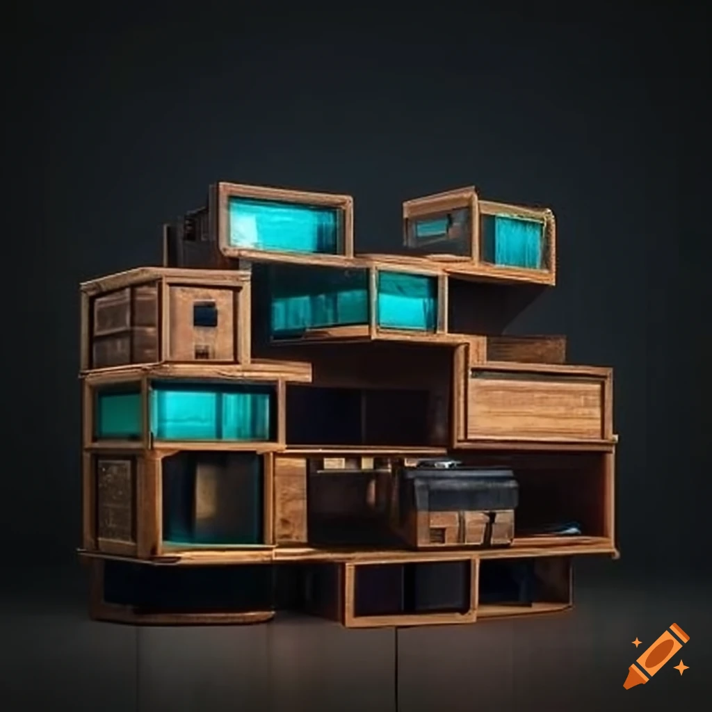 Futuristic solarpunk-inspired eco-friendly tiered storage boxes on Craiyon