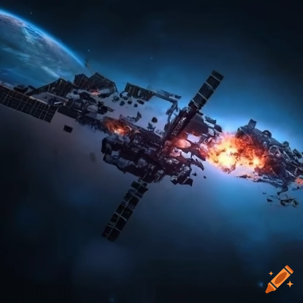 Explosion on a sci-fi space station with a planet in the background on ...