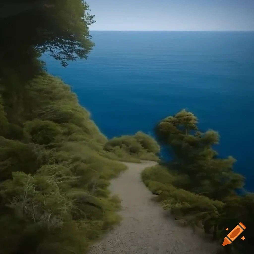 Cliffside path with trees overlooking the ocean on Craiyon
