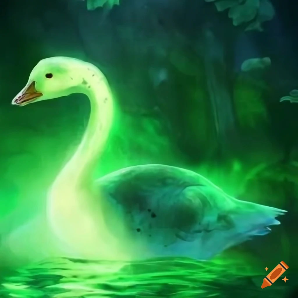 Bestial spirit of a green goose made of translucent energy and vines following an emerald arrow ...