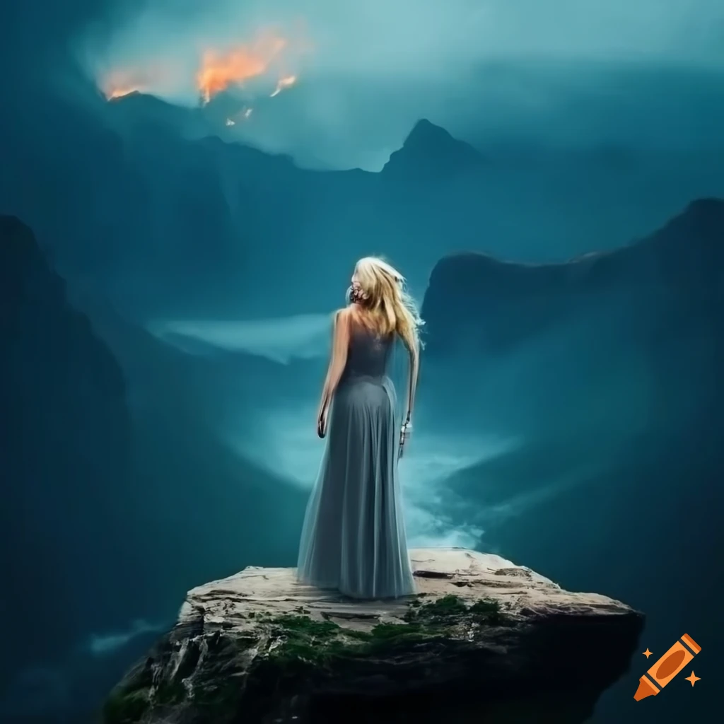 Blonde woman in a flowing dress on a cliff overlooking a valley of ...