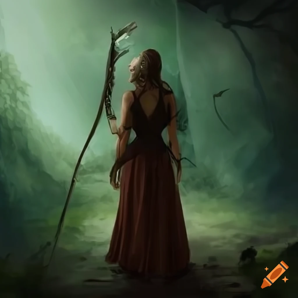 Elven warrior woman with sword walking backwards on Craiyon