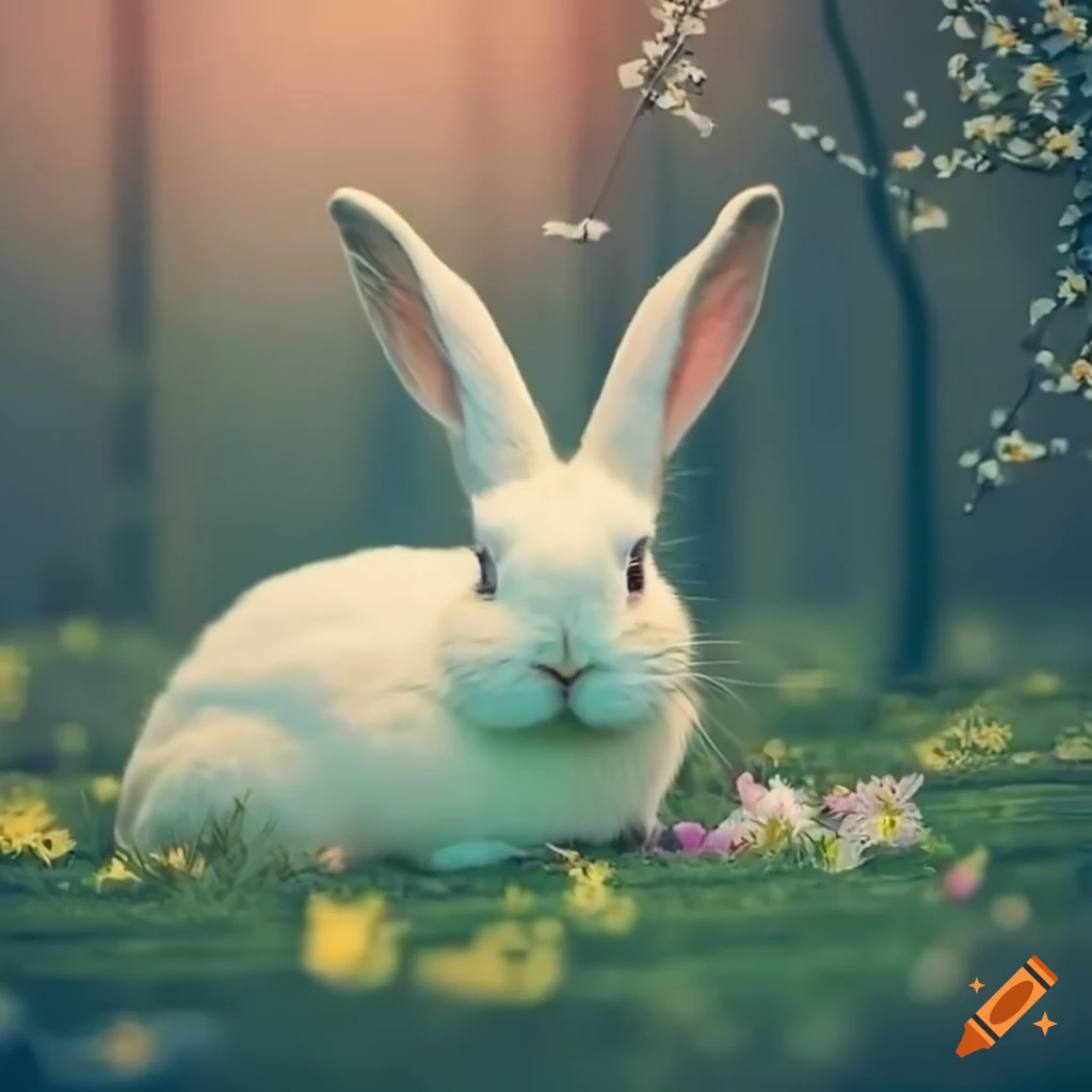 White rabbit napping among spring flowers and tall trees on Craiyon