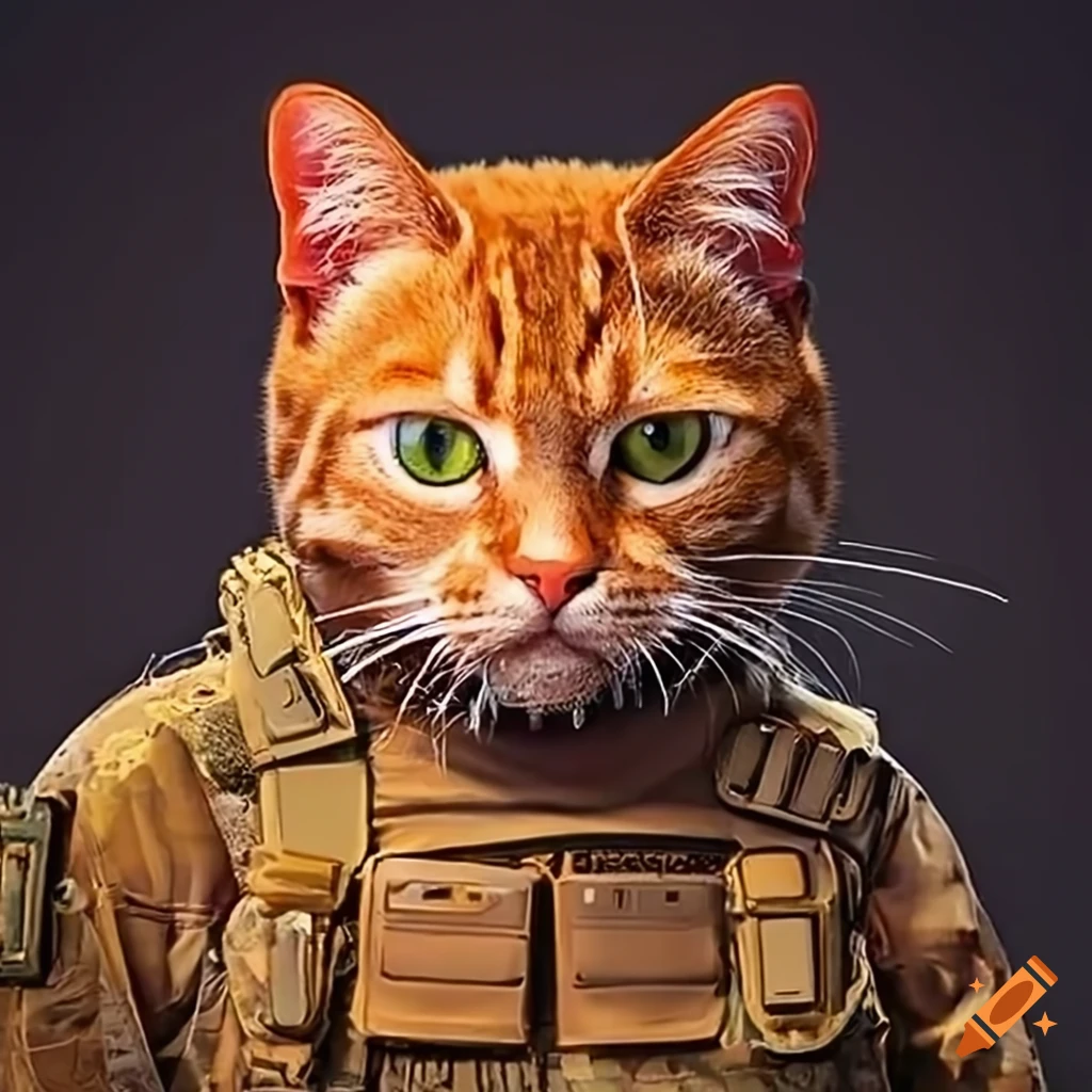 Big orange cat named hugo in tactical gear on Craiyon
