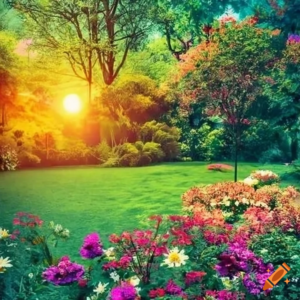 Beautiful garden with flowers, trees, and pathways during sunset on Craiyon