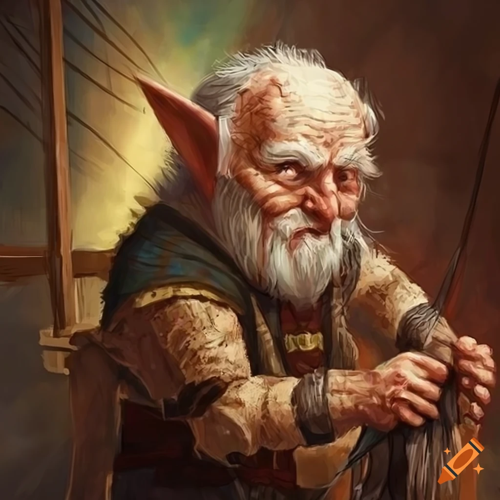 Fantasy art of an old halfling man with a loom on Craiyon