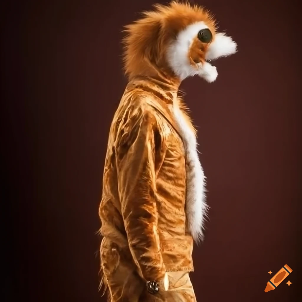 Young adult male in caramel-colored velvet furry costume with ...