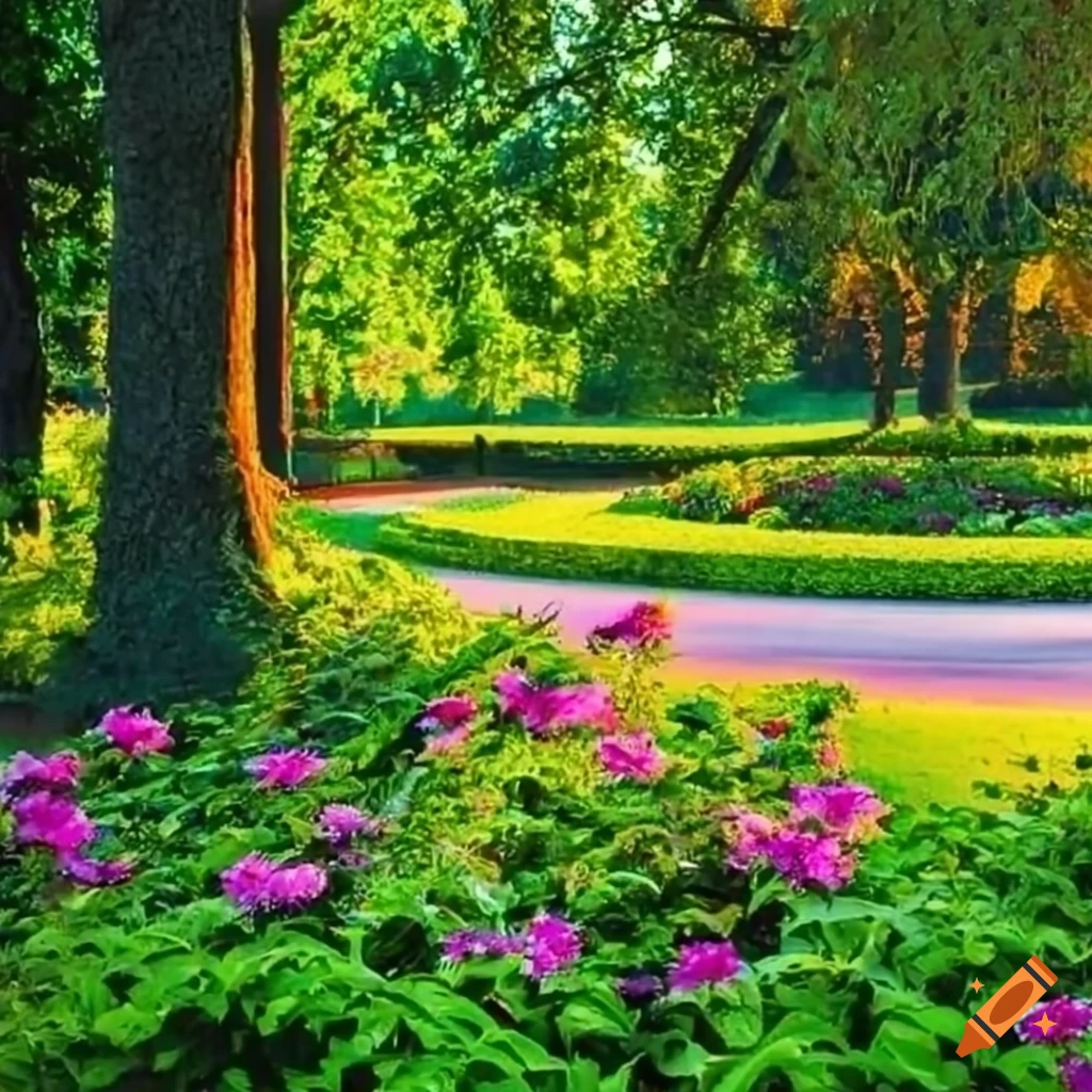 Beautiful garden with flowers, trees, and pathways during sunset on Craiyon