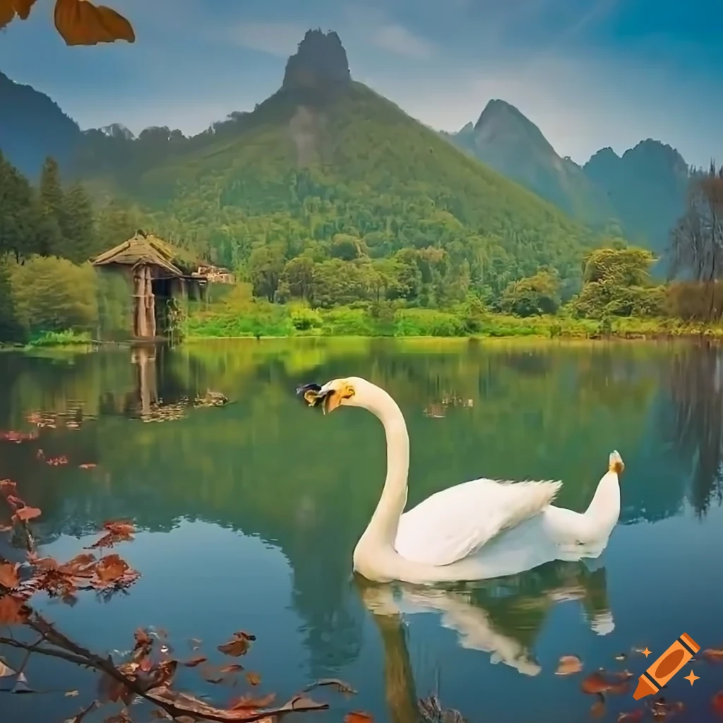 Scenery of mountains with swans, eagles, fruits, and a joyful treehouse ...
