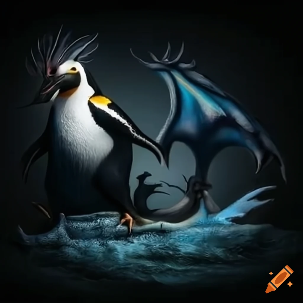 Penguin challenging a dragon in a whimsical battle on Craiyon