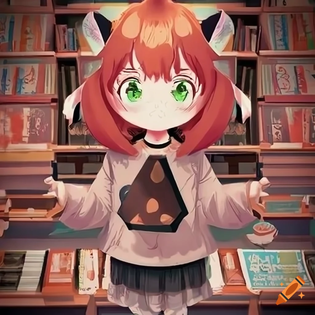 Anya browsing in a book store on Craiyon