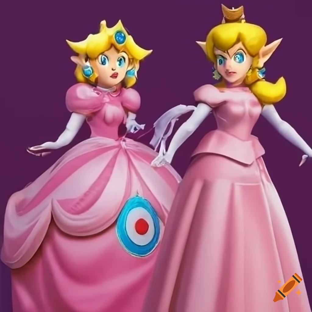 Princess peach and link in pink ballgowns posing together on Craiyon