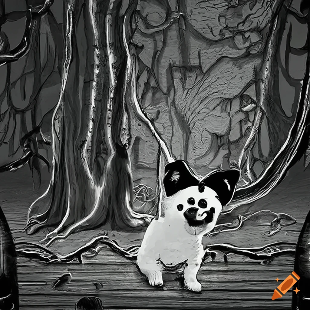 Close up portrait of the world's cutest puppy in a spooky forest on Craiyon