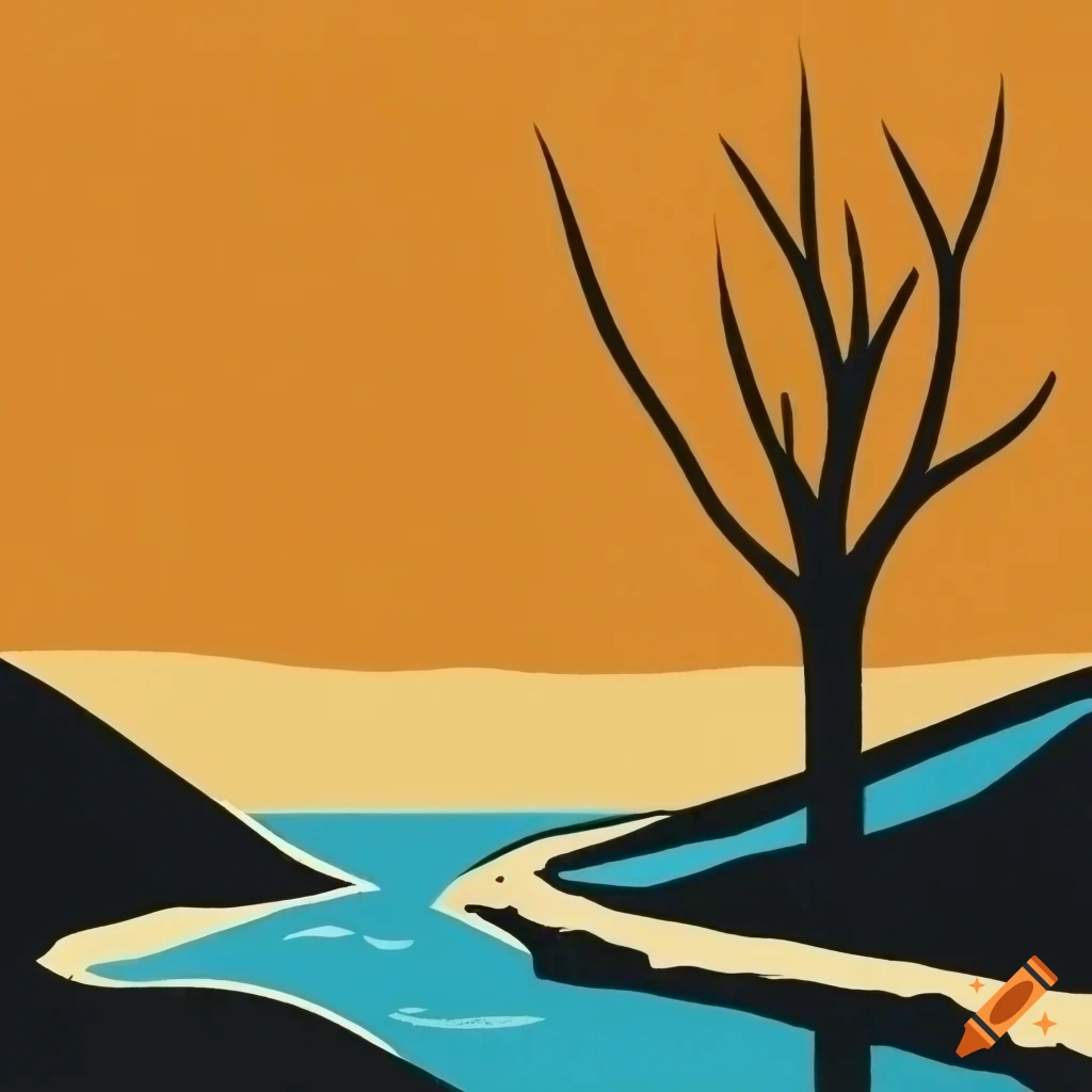 Miro river and trees in a minimal woodcut style on Craiyon