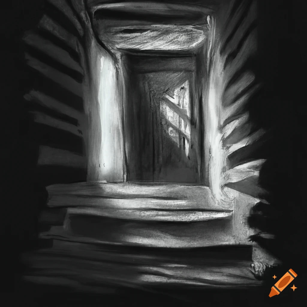 Sunshine beams in dark cottage room in charcoal drawing on Craiyon