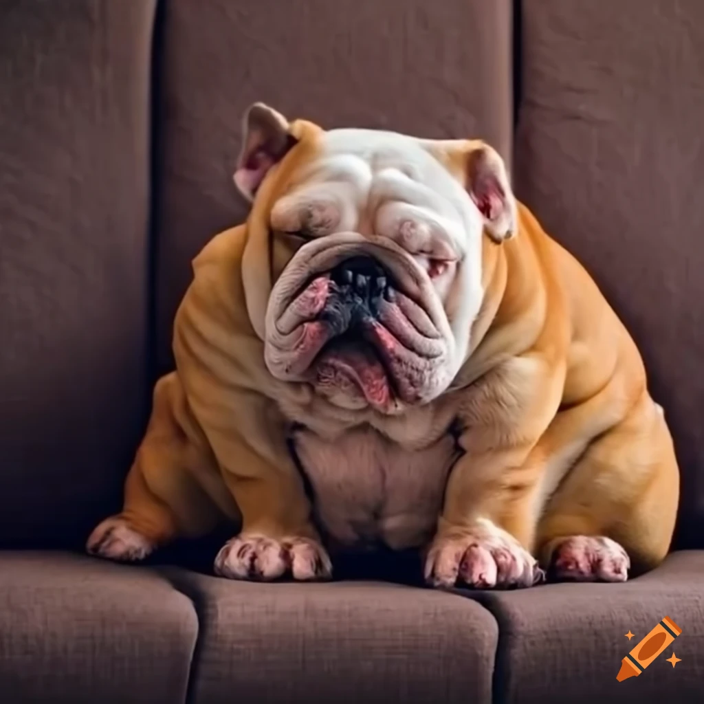 Chubby english bulldog sleeping on a couch on Craiyon